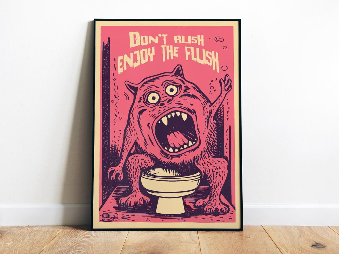DOPAPRINT Funny Toilet Poster Monster On The Toilet Print Restroom Art ...
