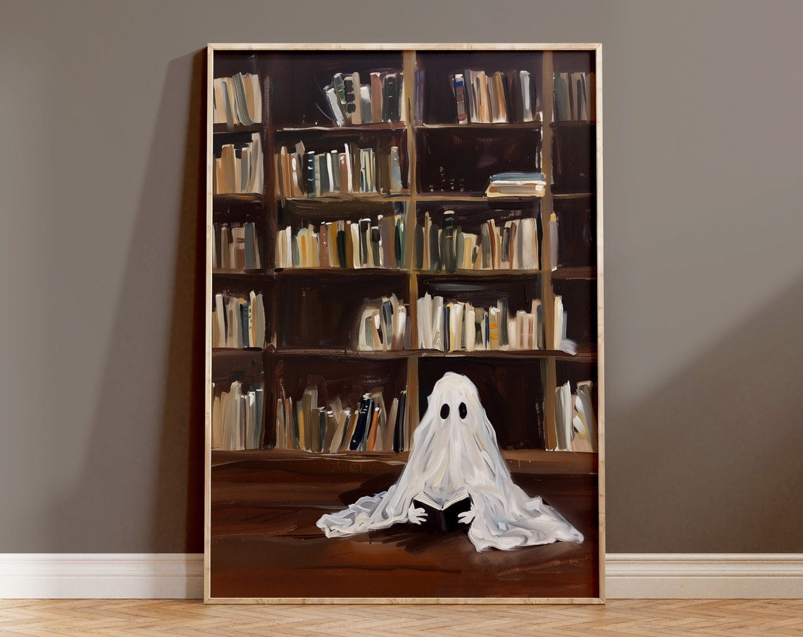 DOPAPRINT Ghost Reading Book Art Print, Vintage Library Ghost Wall Art ...