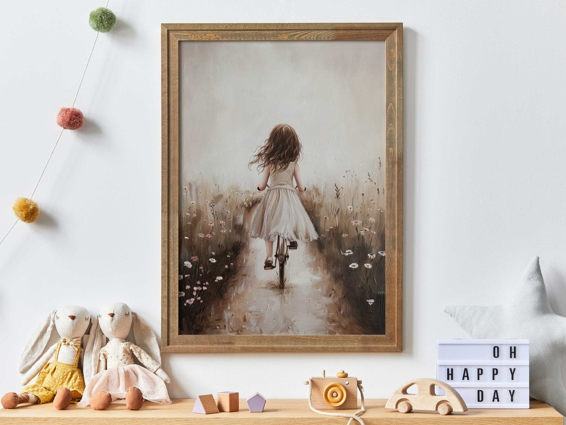 DOPAPRINT Girl On A Bicycle Print, Wildflower Field Art, Wildflower Nursery Decor, Bike Art ...