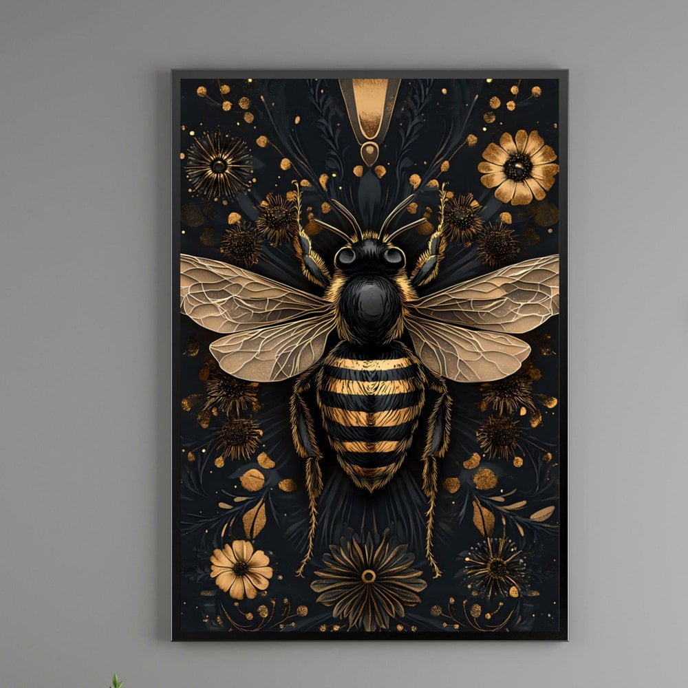 DOPAPRINT Gold Bee Wall Art Floral Design Black And Gold Insect Print ...