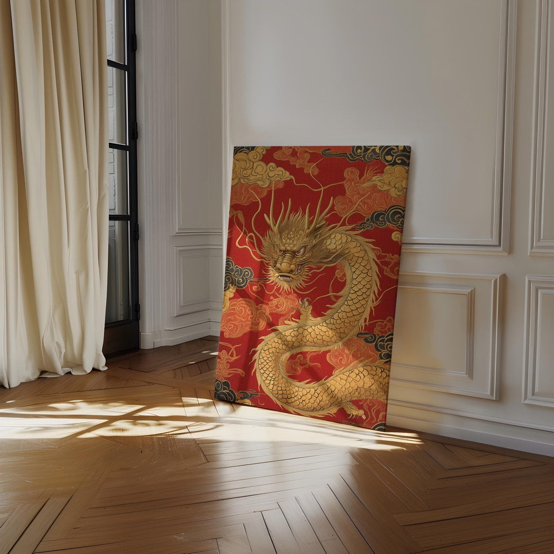 DOPAPRINT Golden Dragon On Red - Oriental Wall Art With Traditional ...