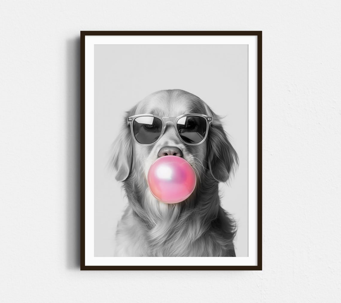 DOPAPRINT Golden Retriever Pink Bubble Gum Print, Black And White Print ...
