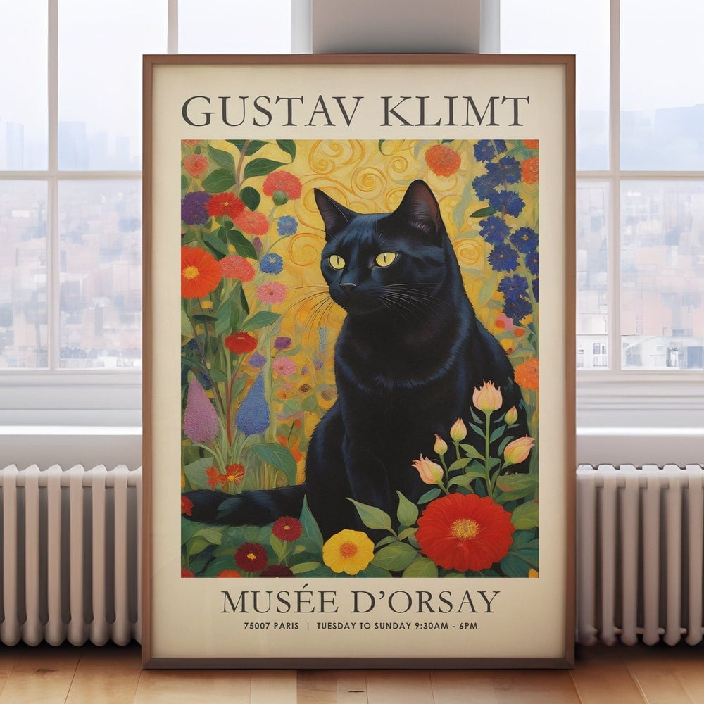 DOPAPRINT Gustav Klimt cat print, black cat and flowers print, Klimt ...