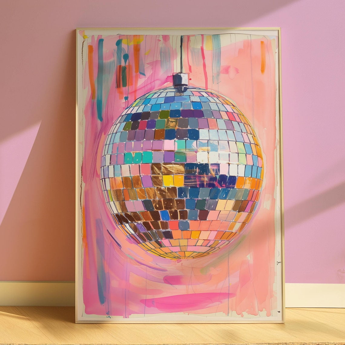 DOPAPRINT Hand Drawn Disco Ball Painting Wall Art For Home Decor Pink ...