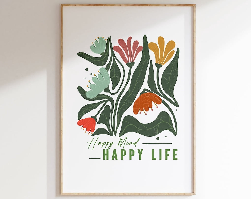 DOPAPRINT Happy Mind, Happy Life - Colorful Floral Poster, Indie Room ...