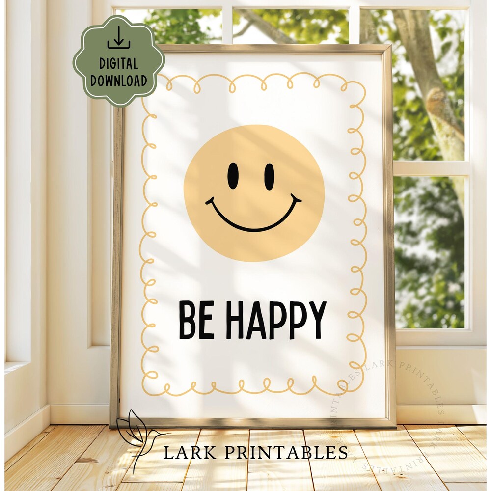 DOPAPRINT Be Happy Printable Poster, Kids Wall Art, Yellow Playroom ...