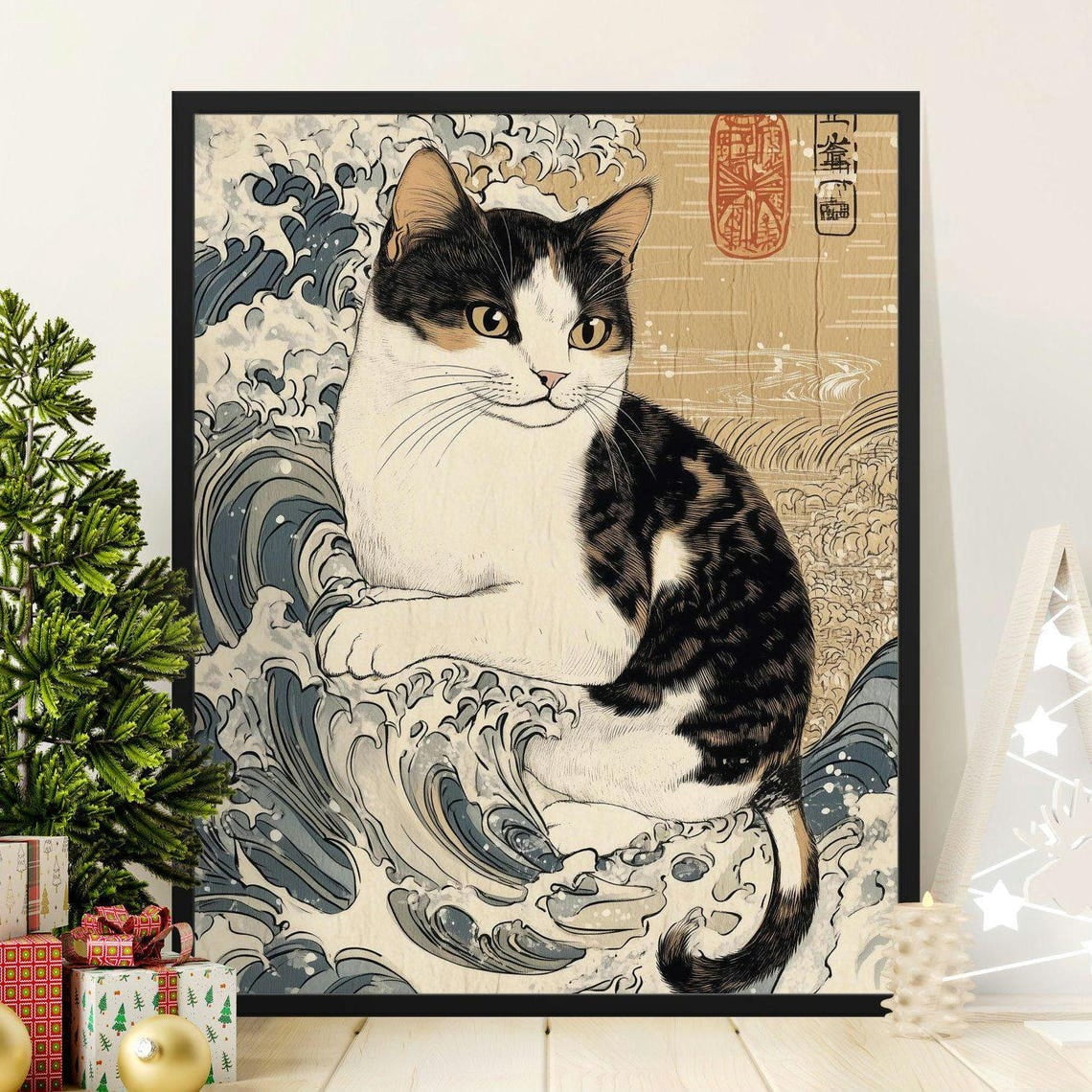 DOPAPRINT Japanese Art Cat Wall Print, Traditional Wave Cat Poster ...