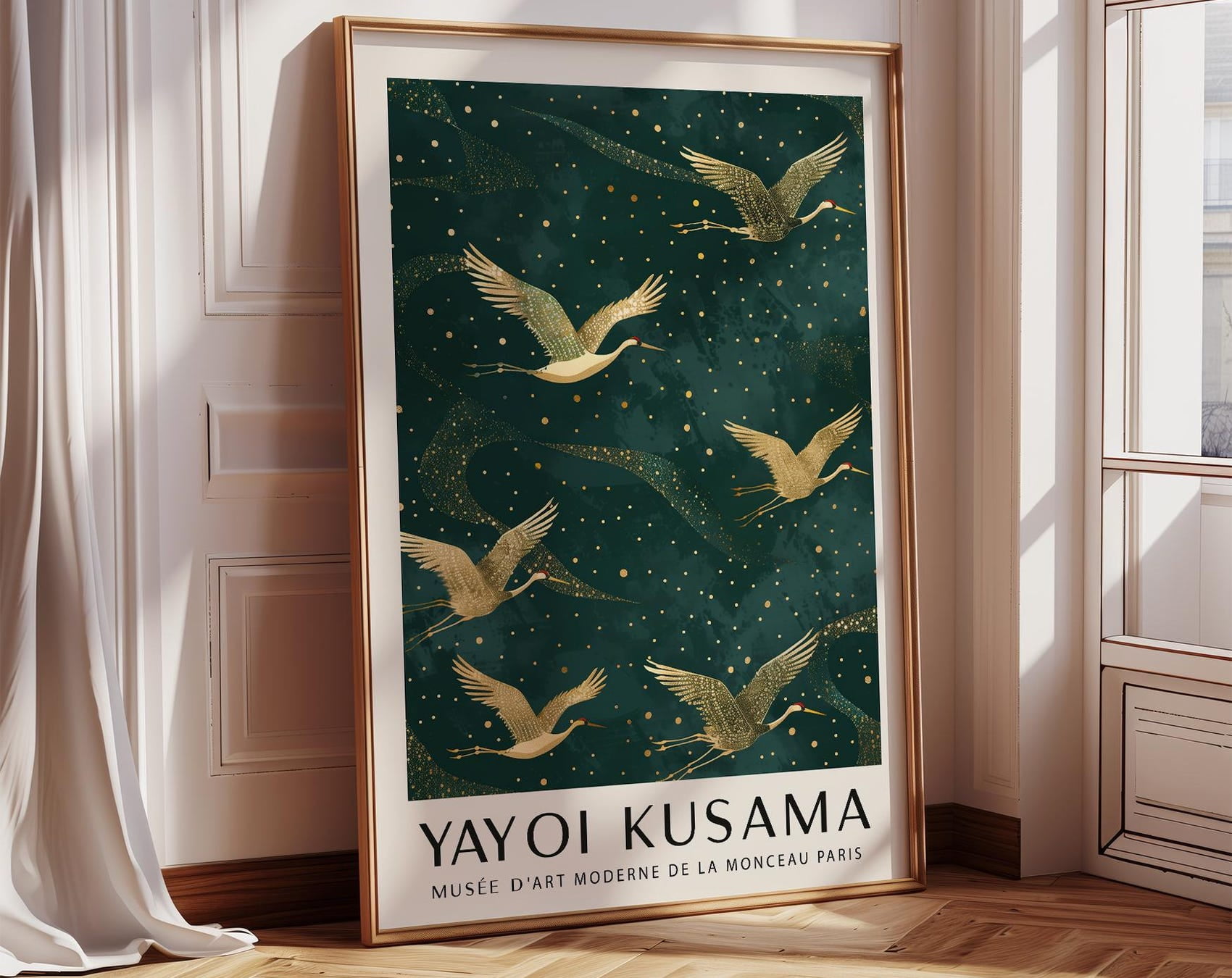 DOPAPRINT Japanese Crane Wall Art | Green and Gold Flying Cranes Print | Japandi Style Bird ...