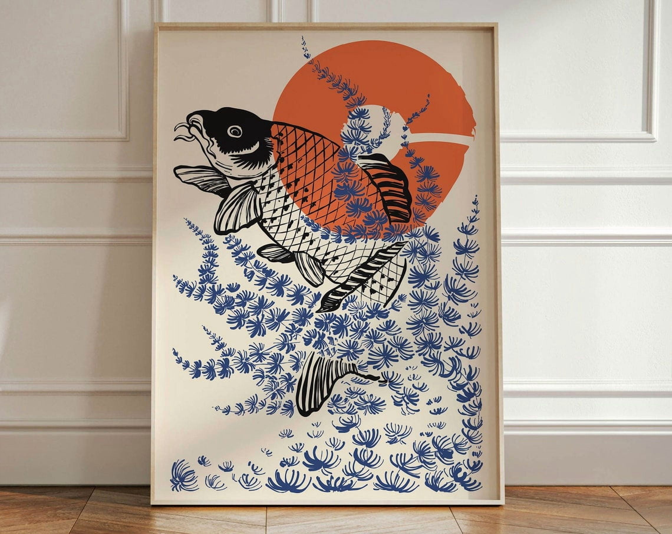 DOPAPRINT Japanese Fish Art Print, Japanese Poster, Beige Blue Vintage ...