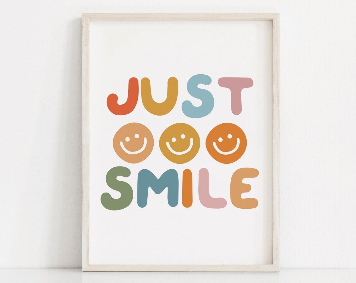 DOPAPRINT Just Smile, Retro Smiley Face Print, Kids Playroom Wall Art ...