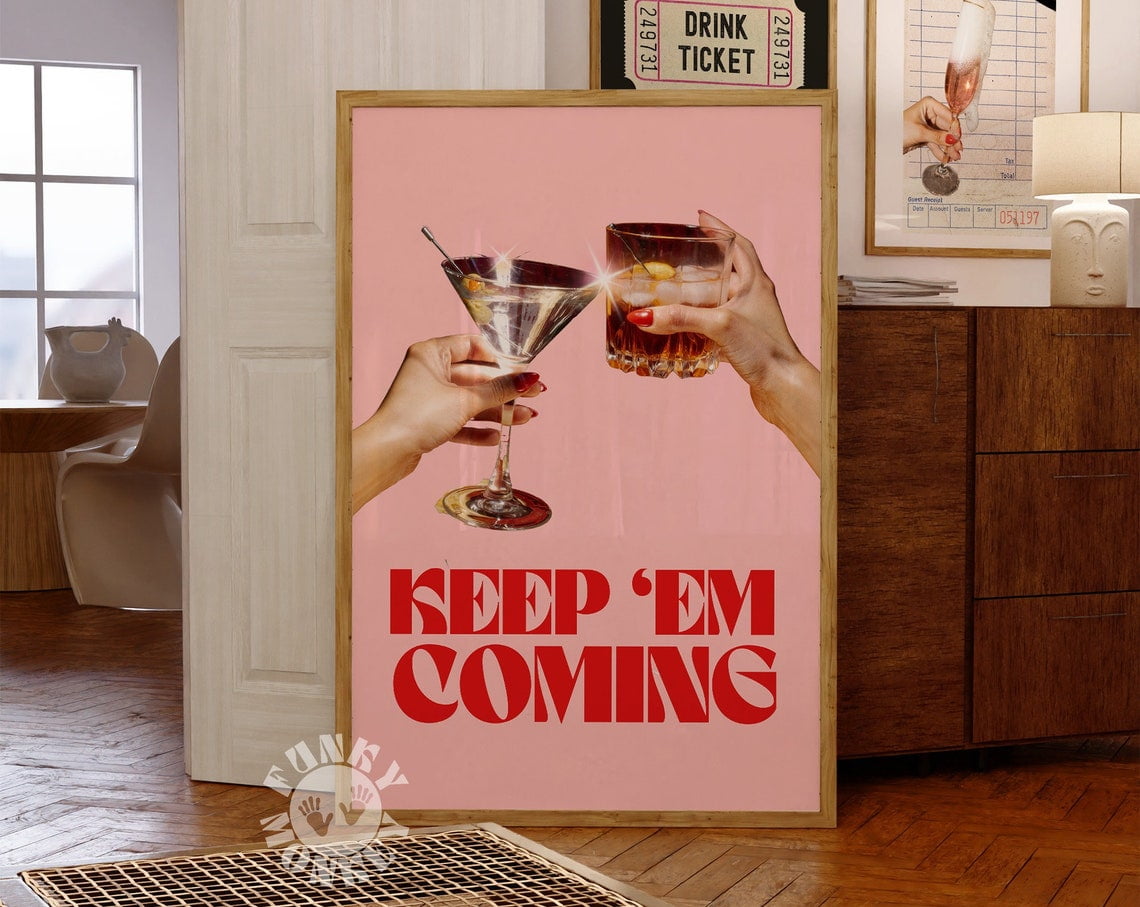 DOPAPRINT Keep Em Coming Bar Cart Art Print, Trendy Wall Art, Pink Bar ...