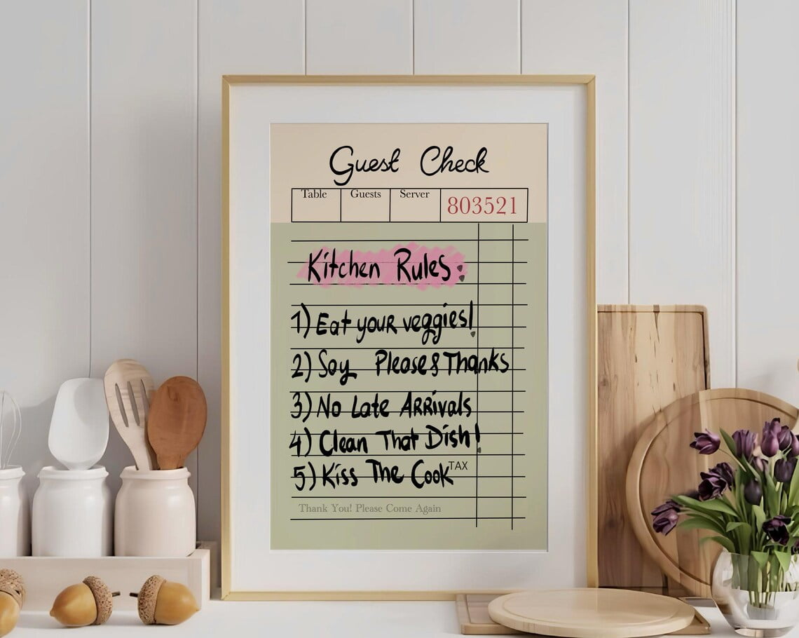 DOPAPRINT Kitchen Rules Print, Guest Check Wall Art, Funny Kitchen ...