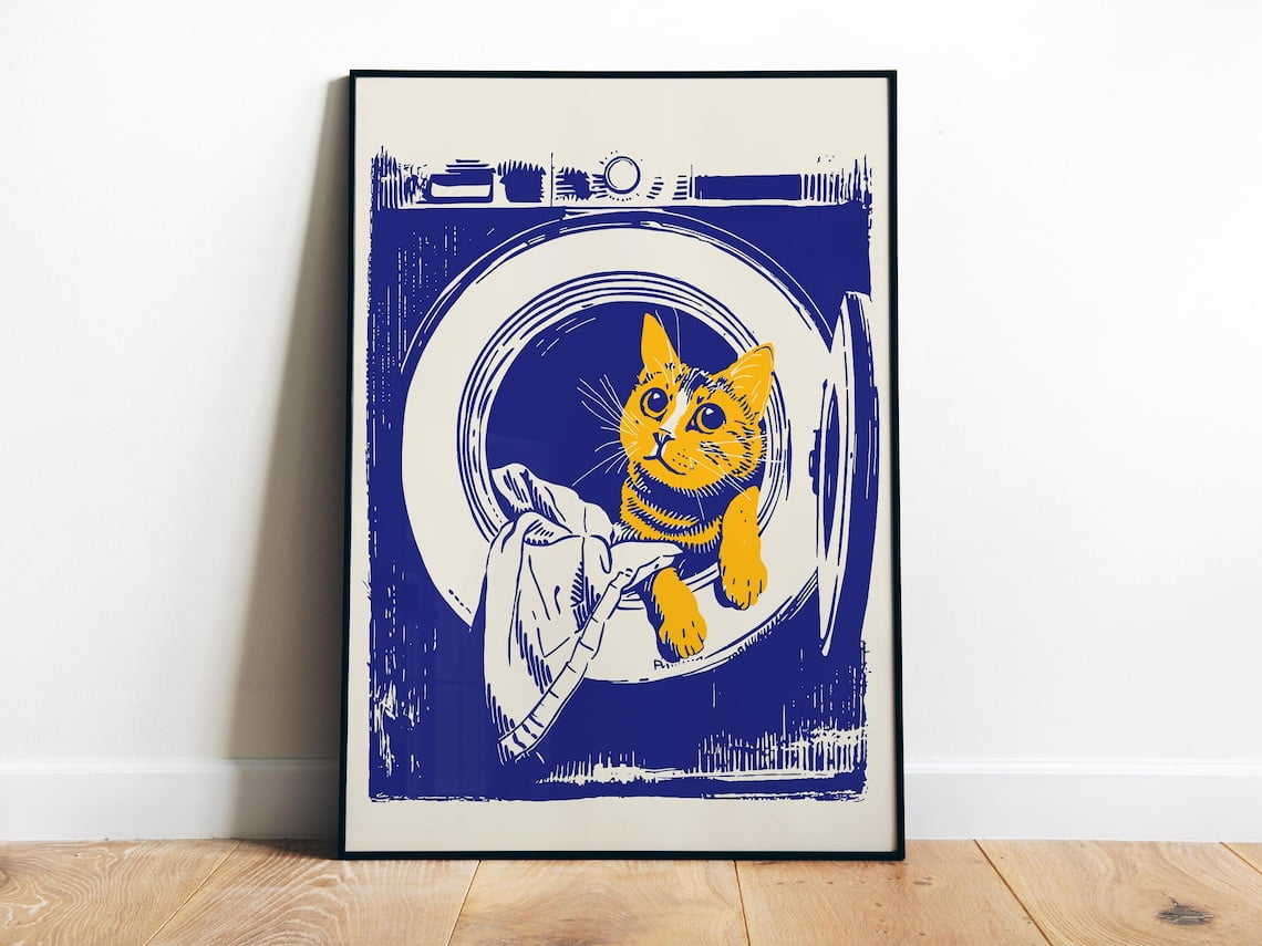 DOPAPRINT Laundry Wall Art Funny Poster Cat In Washing Machine Wall Art ...