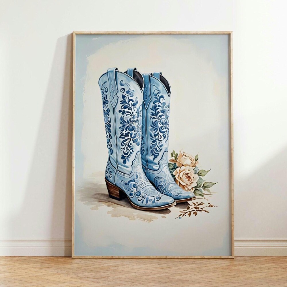 DOPAPRINT Light Blue Cowgirl Boots Print Floral Coastal Cowgirl Boot ...