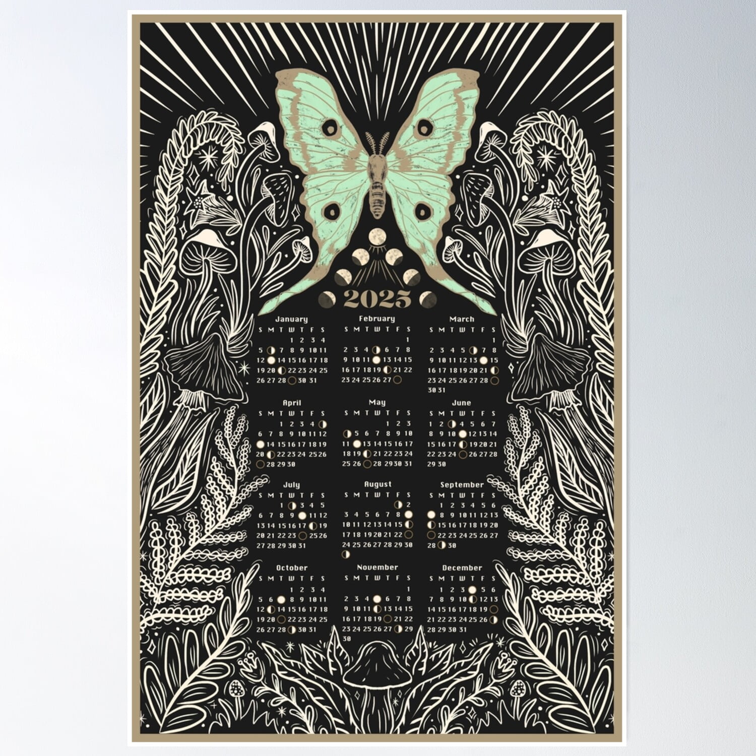 DOPAPRINT Luna Moth Moon Phases Calendar 2025 Poster Wall Art, Modern ...