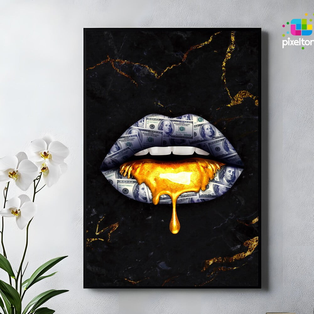 DOPAPRINT Luxury Money Lips Wall Art Print Surreal Black And Gold ...