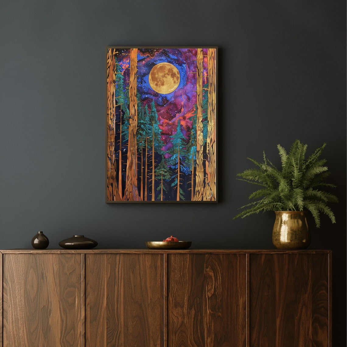 DOPAPRINT Magical Moon Over A Redwood Woodland Forest - Celestial Moon ...