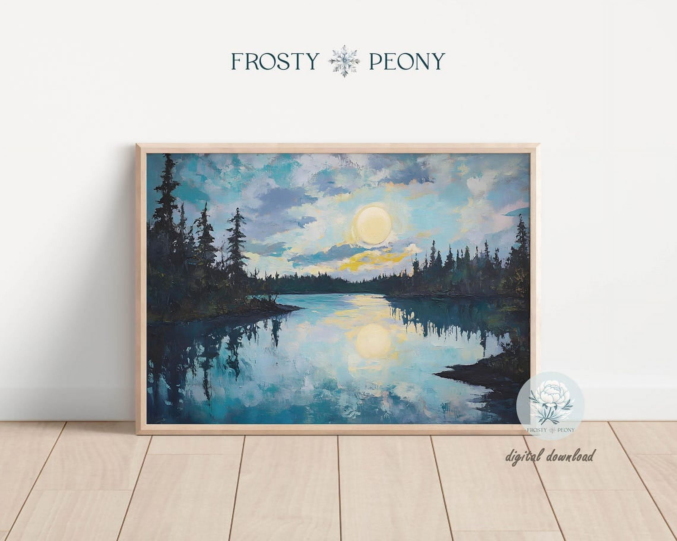 DOPAPRINT Magical Moonlit Lakeside Forest Art Print, Calming Lake Reflection Wall Art, Serene ...