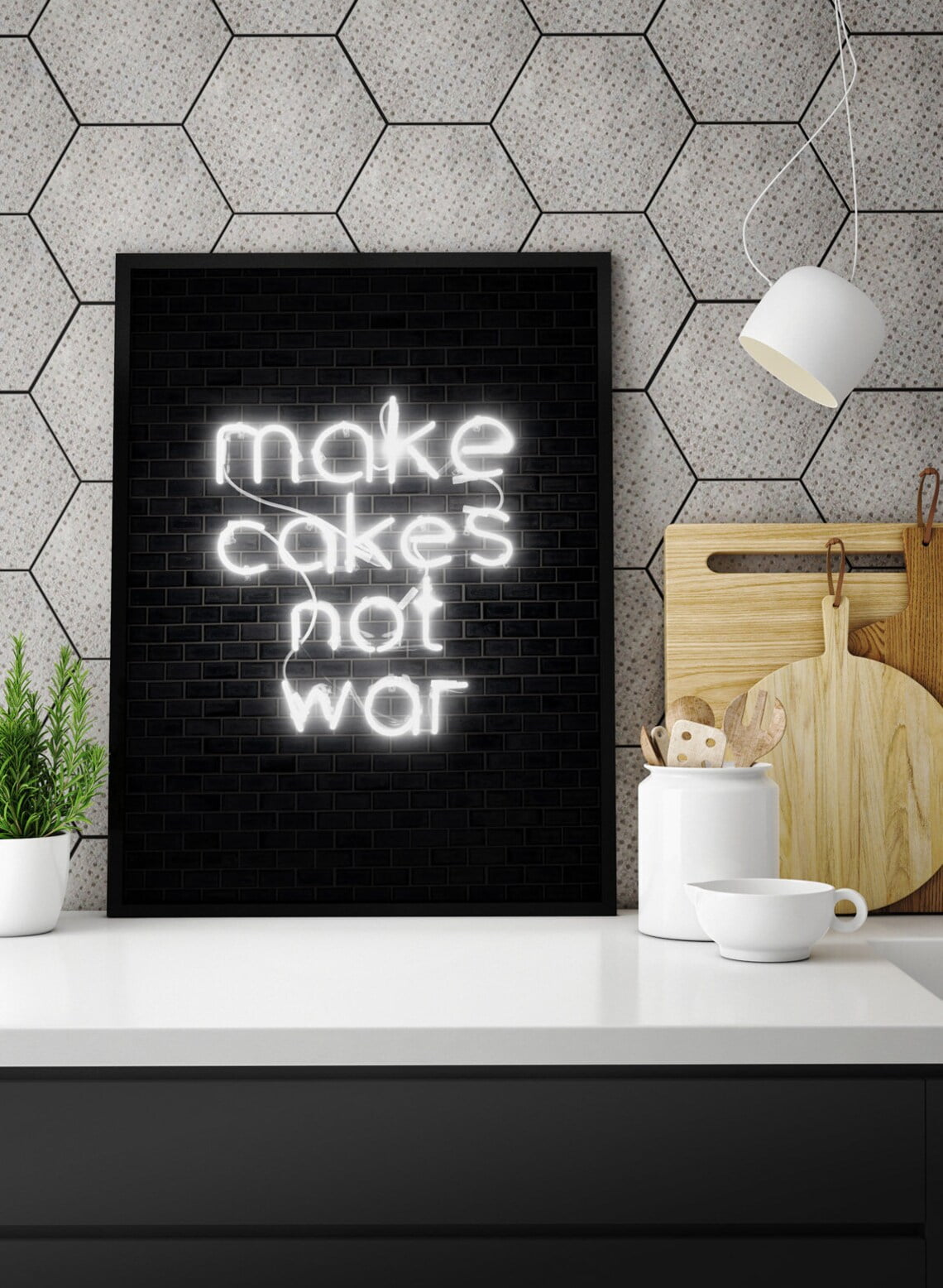 DOPAPRINT Make Cakes Not War White Neon Art Print, Kitchen Wall Art ...