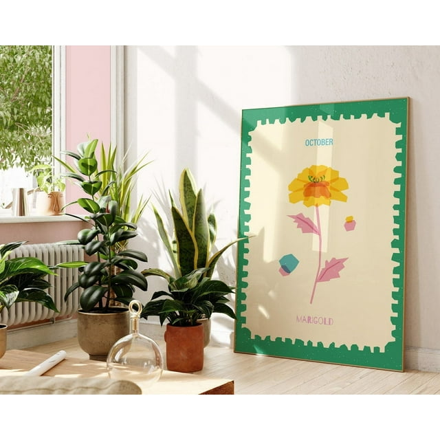 DOPAPRINT Marigold Flower Art Print, Colorful October Birth Month ...