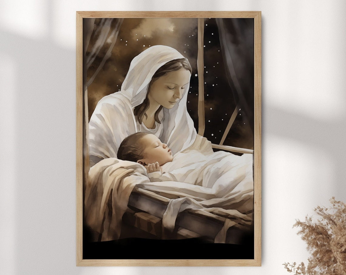 DOPAPRINT Mary And Baby Jesus In A Crib Poster - Birth Of Jesus Wall ...