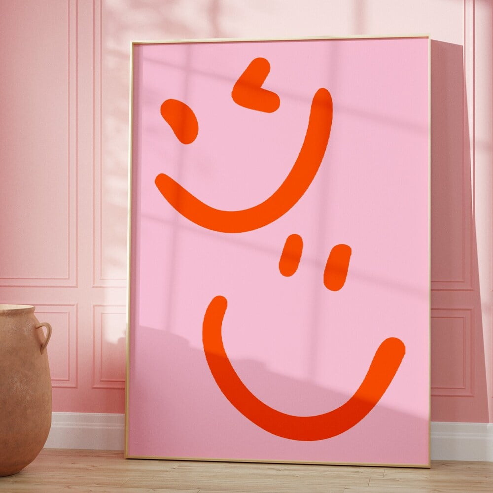 DOPAPRINT Minimalist Happy Face Wall Art Bold Pink Orange Modern Art ...