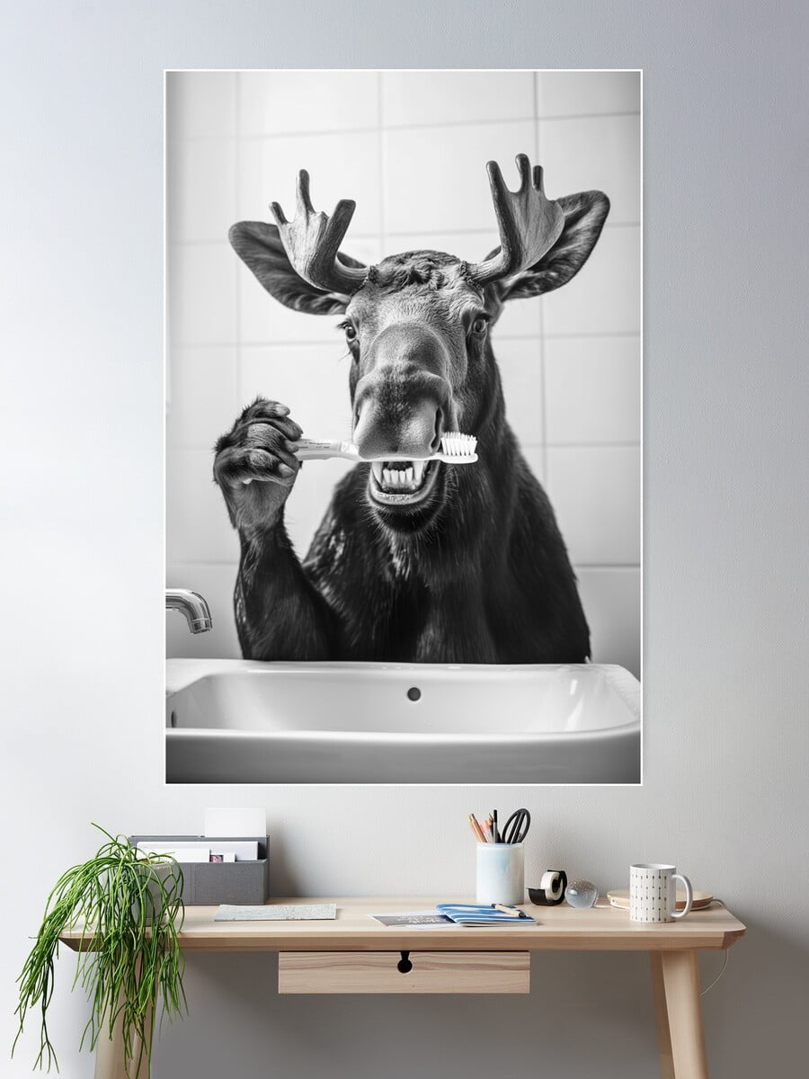 DOPAPRINT Moose Brushing Teeth, Funny Vintage Animal Photo Poster Wall ...