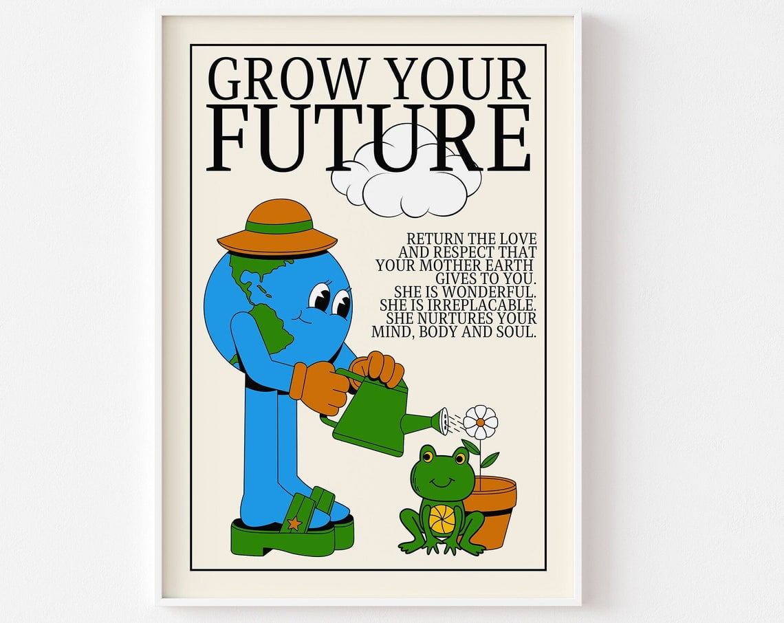 DOPAPRINT Mother Earth Retro Character Print - Grow Your Future, Earth Flowers Plants, Retro ...