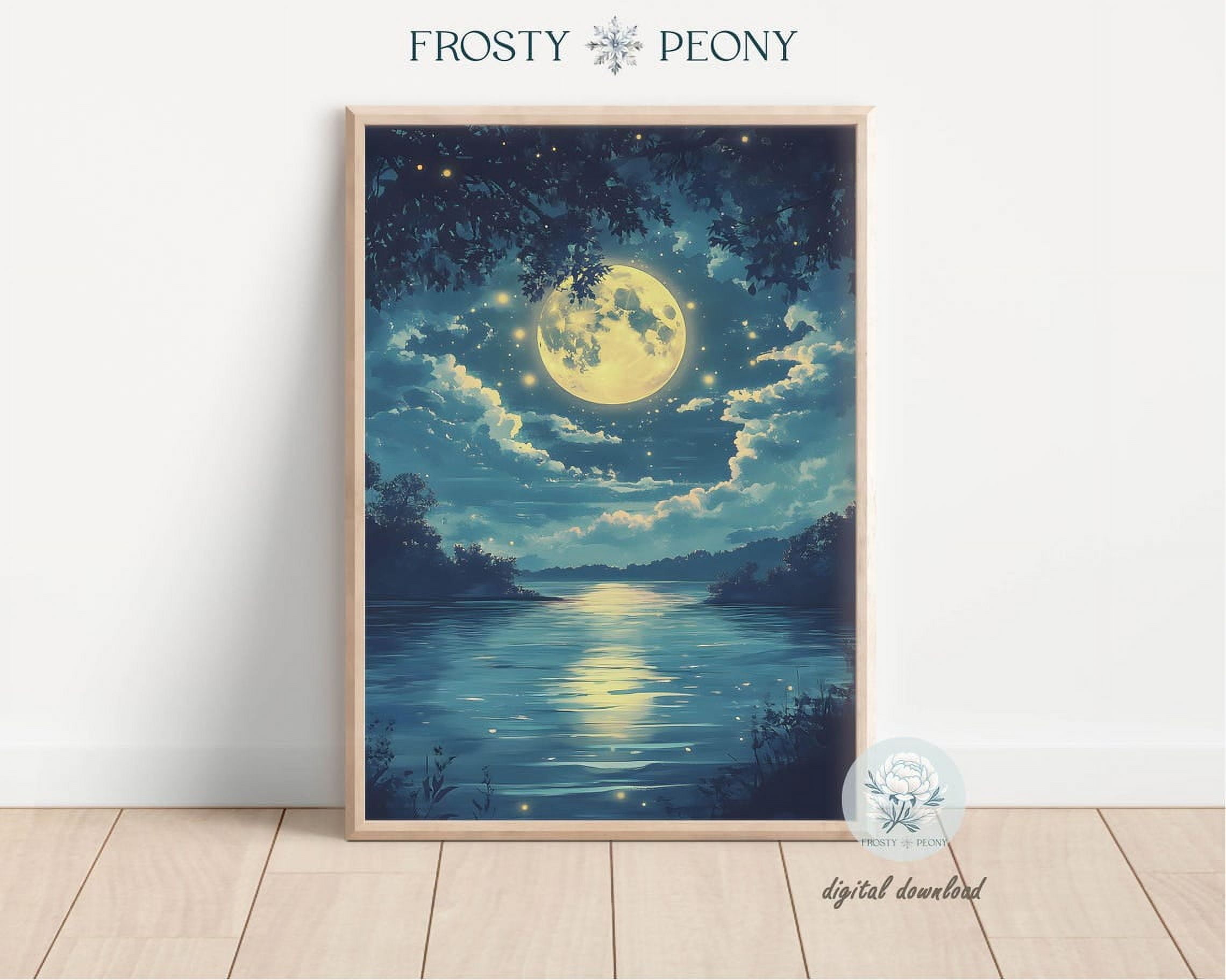 DOPAPRINT Mystical Moonlit Lakeside Forest Art Print, Calming Lake Reflection Wall Art, Serene ...