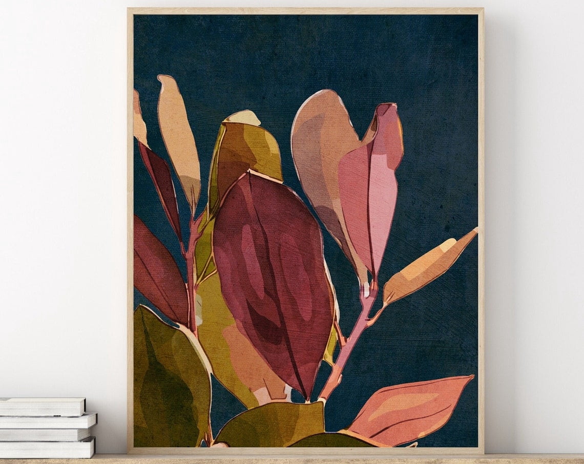 DOPAPRINT Navy Blue Abstract Floral Plant Wall Art Botanical Leaves ...