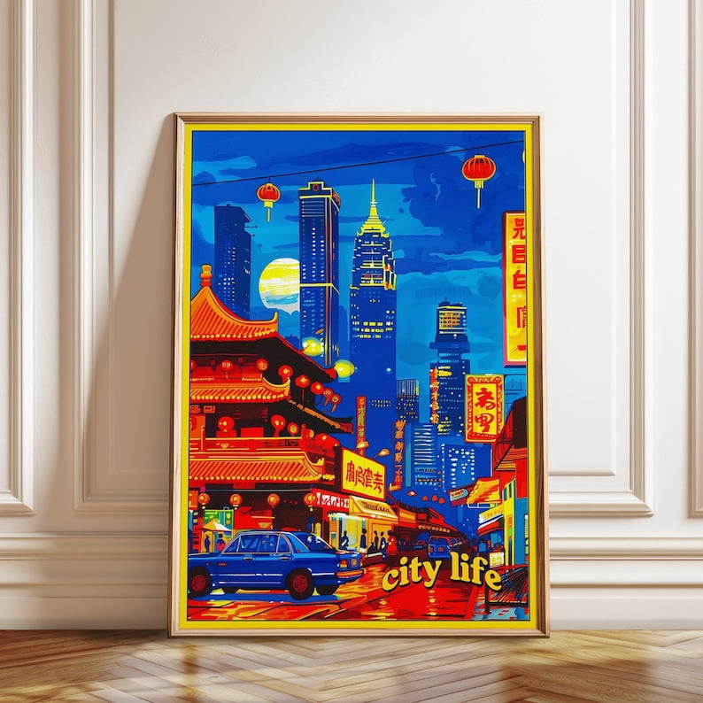 DOPAPRINT Neon City Nightscape Art Print Futuristic Chinatown Street ...