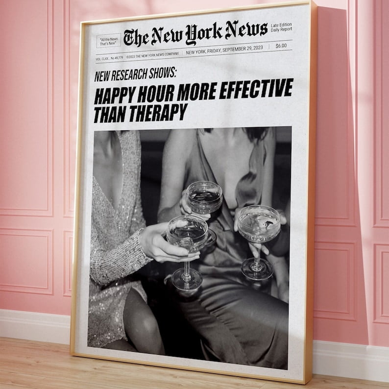 DOPAPRINT Newspaper Print Wall Art New York News Print Happy Hour ...