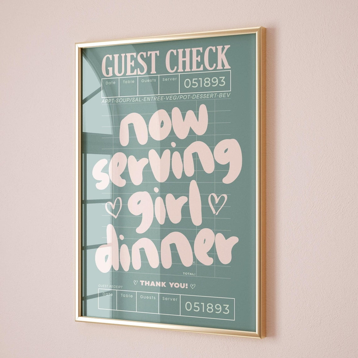 DOPAPRINT Now Serving Girl Dinner Print Pink Sage Green Guest Check ...