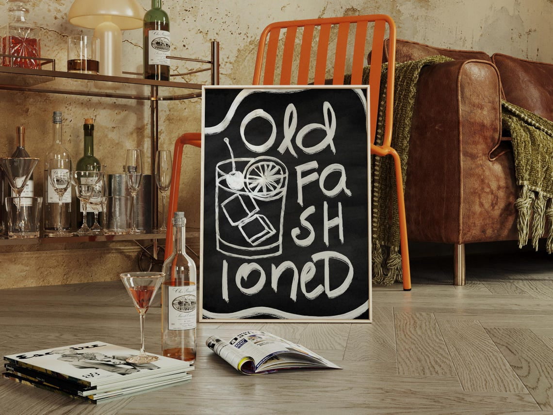 DOPAPRINT Old Fashioned Cocktail Chalk Art Print - Retro Bar Decor ...