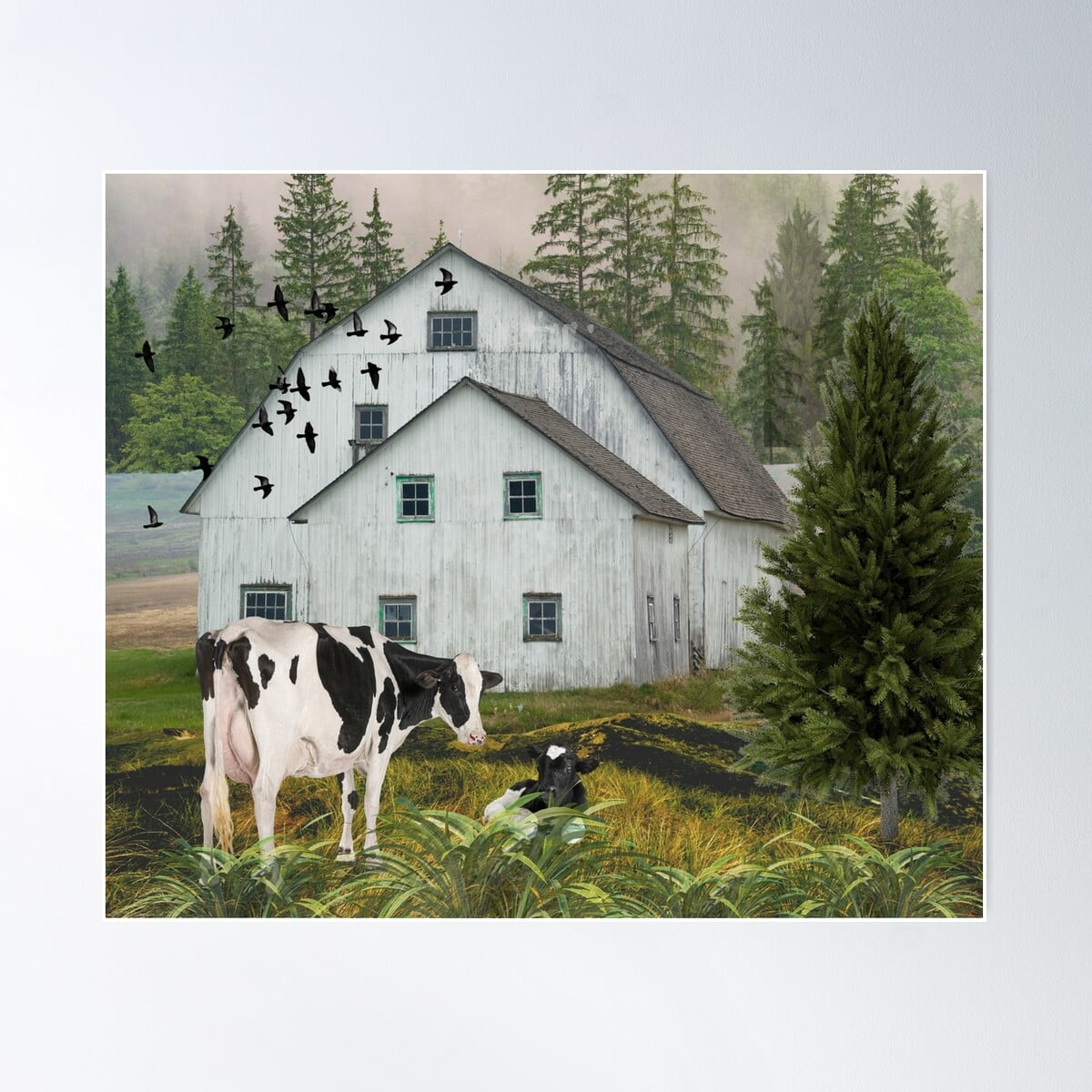 DOPAPRINT One Day At The Farm-Serene Barn Scene With Cows And Birds ...
