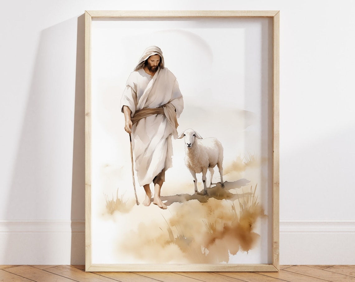 DOPAPRINT Parable Of The Lost Sheep Poster By Wallency - Watercolor Wall Art, Jesus And The Lamb ...