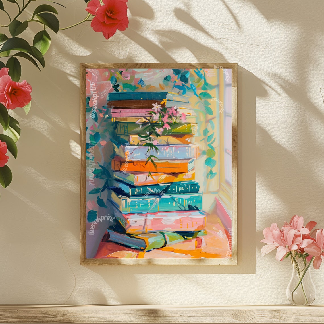 DOPAPRINT Pastel Stack Of Books Print - Cottagecore Book Print - Cozy ...