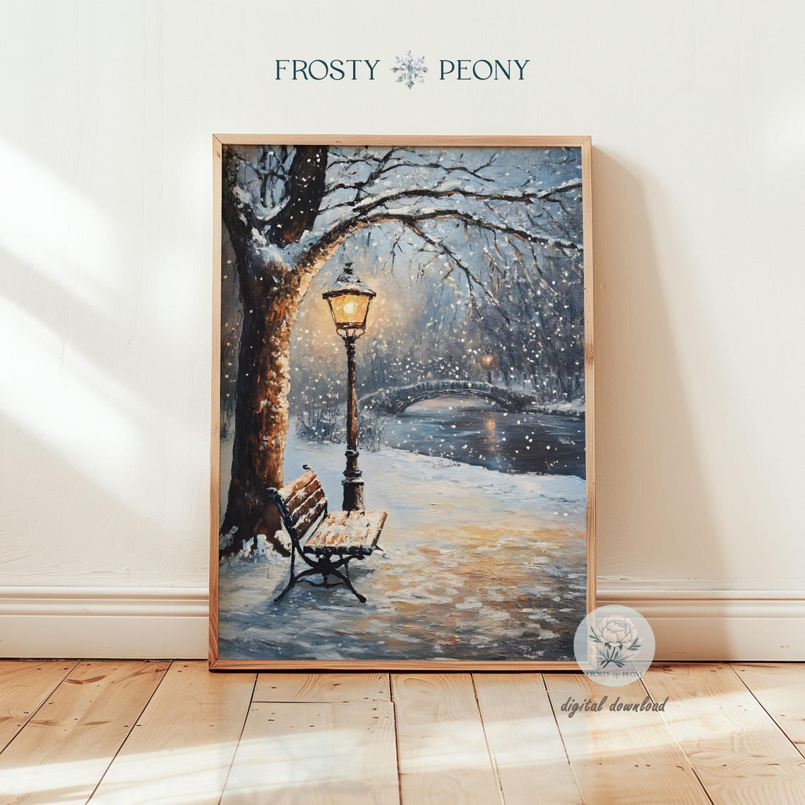 DOPAPRINT Peaceful Snowy Park Bench Art Print, Winter Wonderland Wall ...