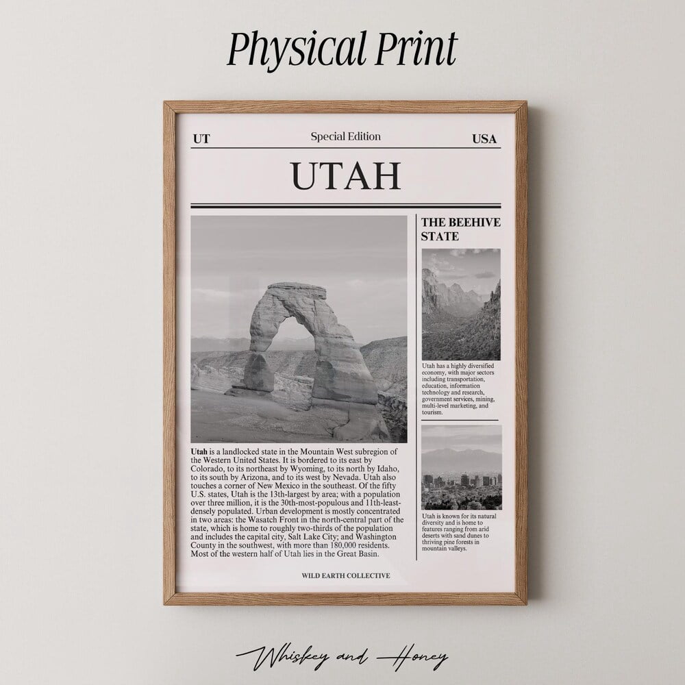 DOPAPRINT Physical Print, Utah State Art Poster, Newspaper Art, Black ...