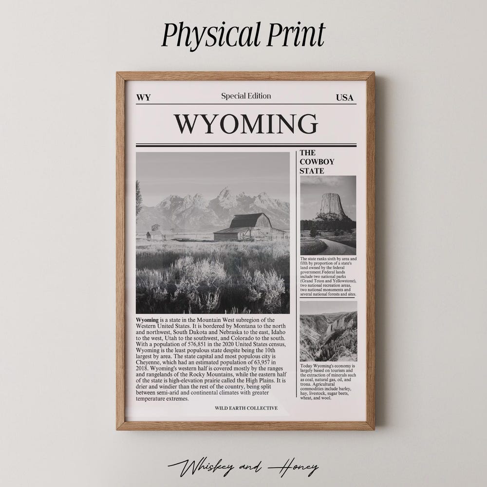 DOPAPRINT Physical Print| Wyoming State Art Poster, Newspaper Art ...