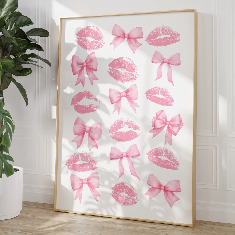DOPAPRINT Pink Bow Print, Coquette Room Decor, Kiss Poster, Pink Lips ...