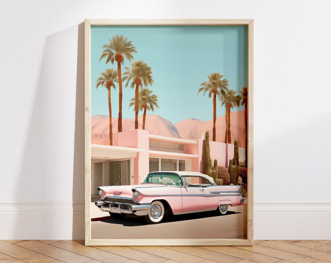 DOPAPRINT Pink Cadillac Print, Vintage American Car, Mid Century Modern ...