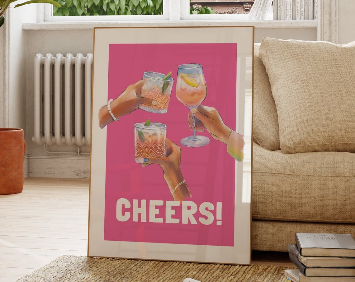 DOPAPRINT Pink Cheers Print Wall Art Preppy Pink Wall Art Cheers Sign Bar Cart Art Bar Cart Wall ...