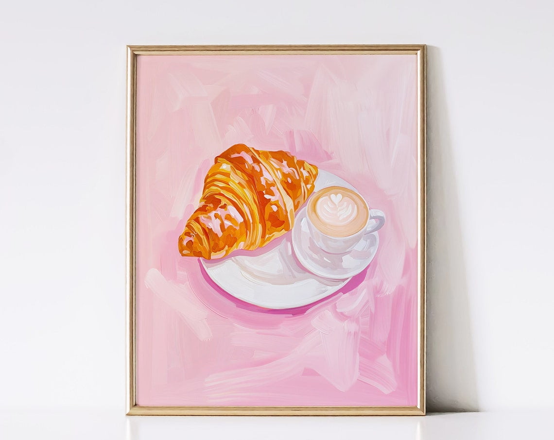 DOPAPRINT Pink Croissant And Coffee Art Print Wall Art Kitchen Decor ...