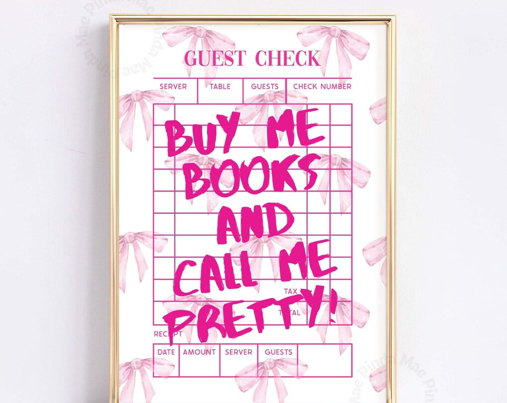 DOPAPRINT Pink Guest Check Poster, Pink Bow Wall Art, Buy Me Books And ...