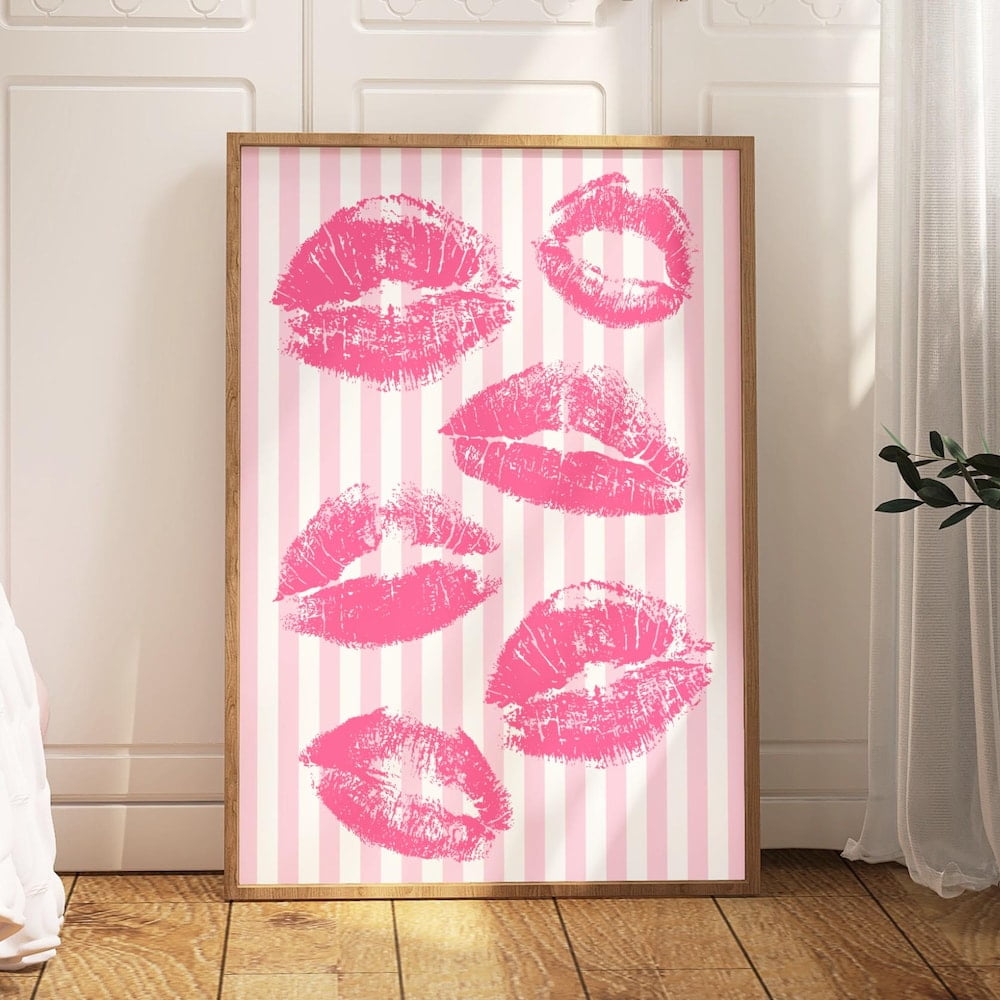 DOPAPRINT Pink Kiss Wall Art Striped College Apartment Decor Lips ...