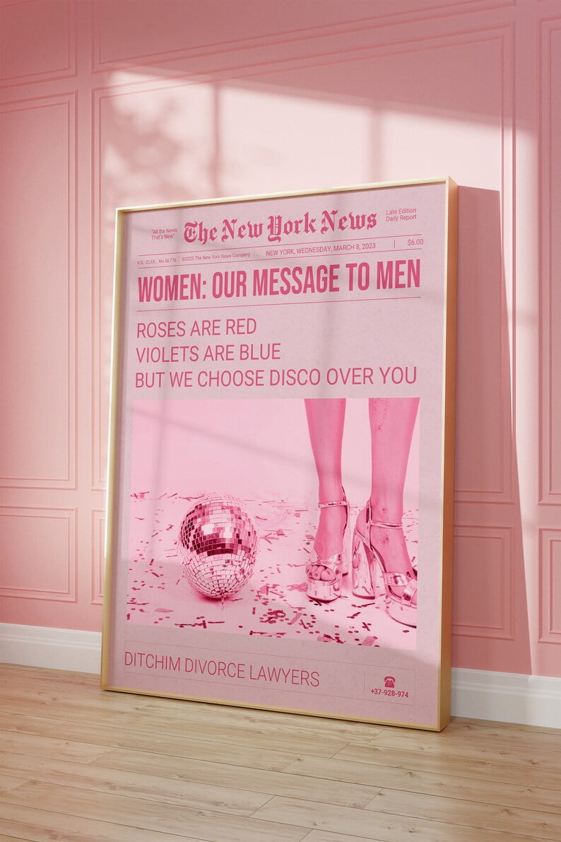 DOPAPRINT Pink Newspaper Print, Newspaper Headline Poster, Disco Wall ...