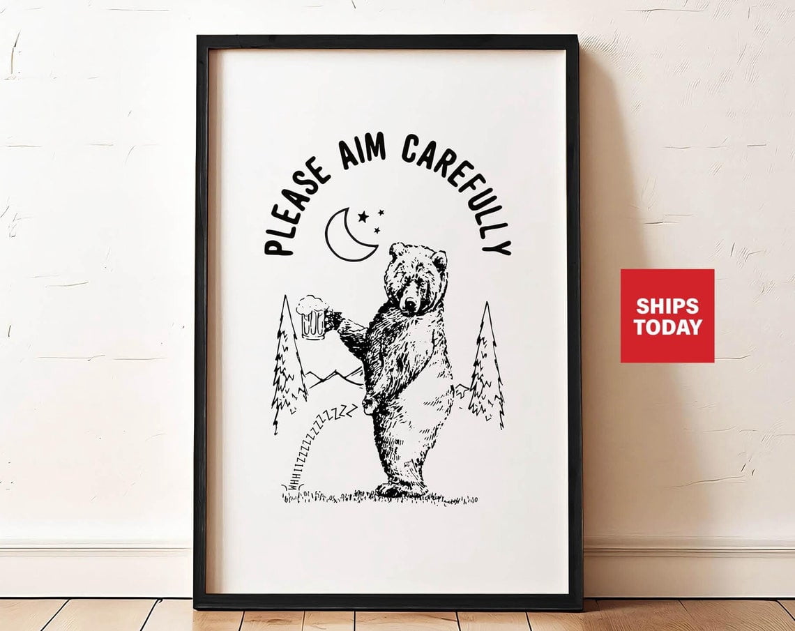 DOPAPRINT Please Aim Bathroom Print Funny Bathroom Wall Art Bear ...