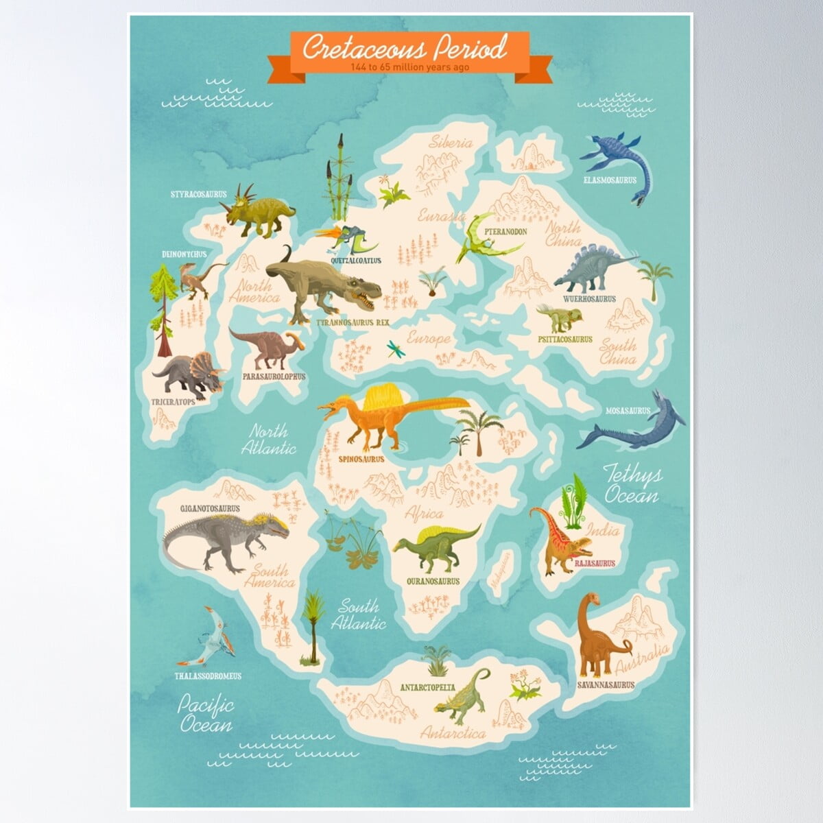 DOPAPRINT Prehistoric World Map Of The Cretaceous Period With Plants ...