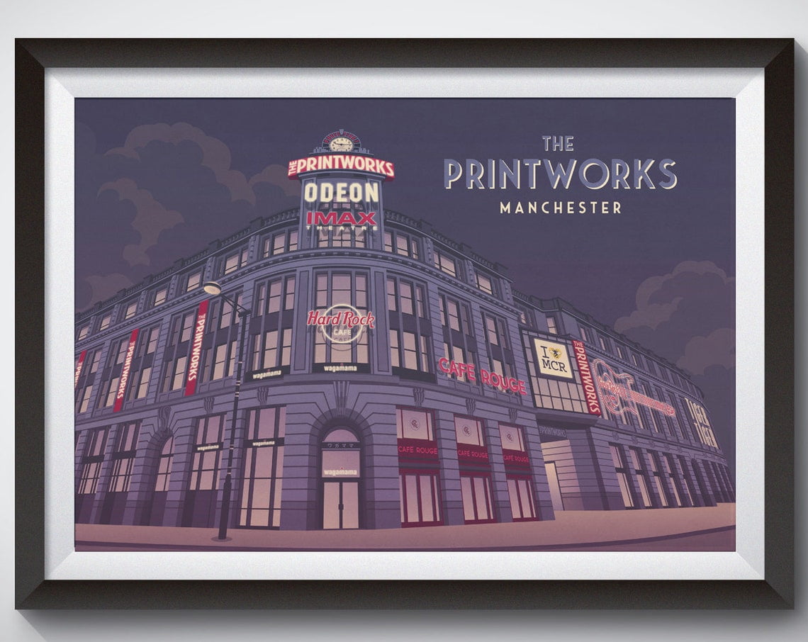 DOPAPRINT Printworks Manchester Print, Manchester Travel Poster, Odeon ...